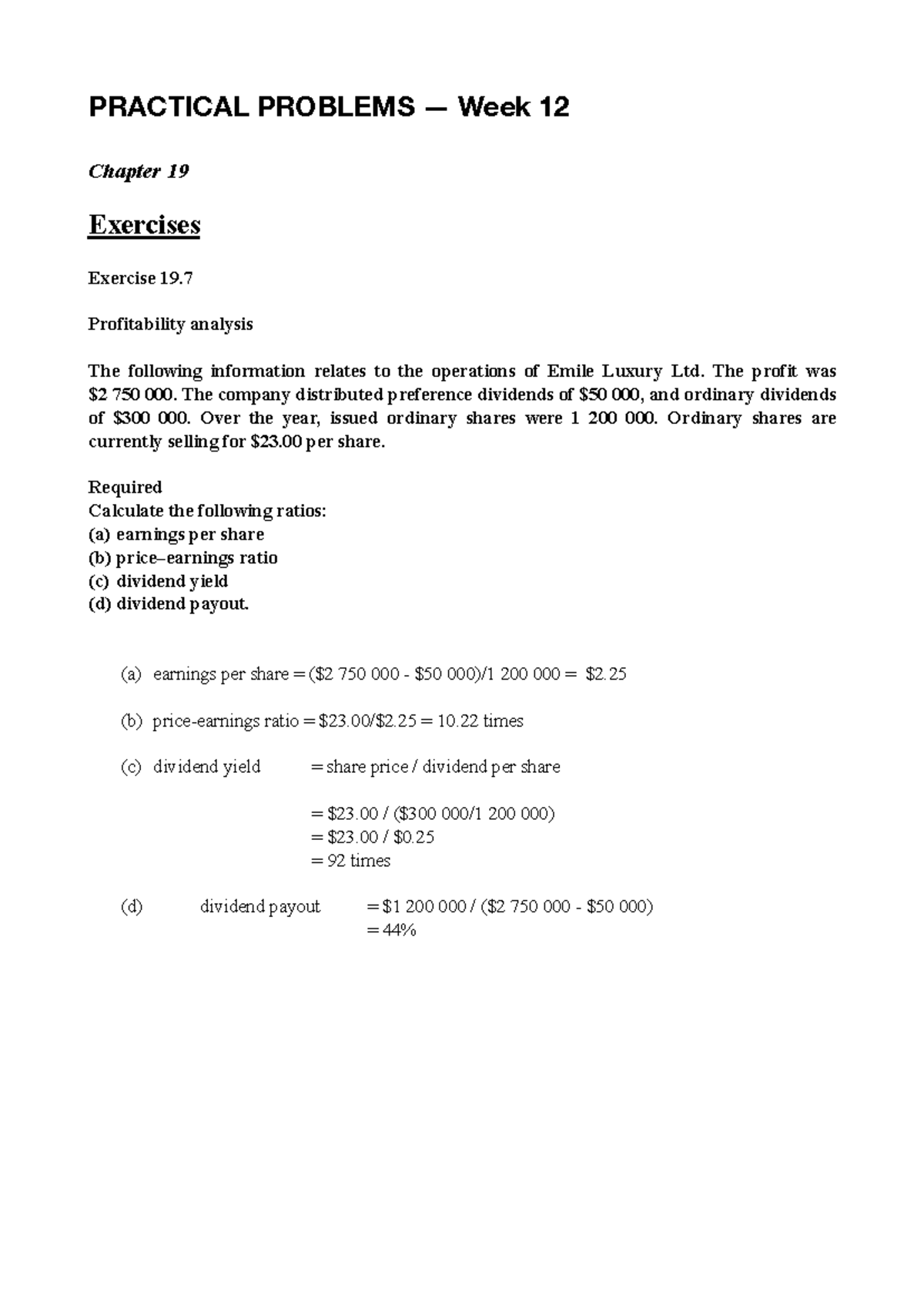 Practical Problems - Week 12: Chapter 19 Exercises & Analysis - Studocu