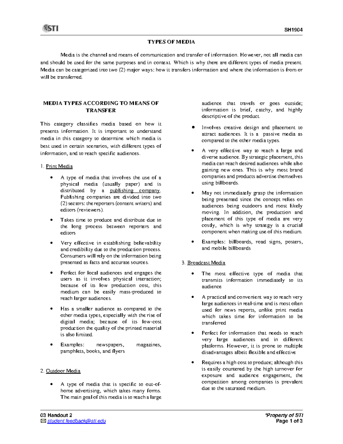 Types of Media - SH 03 Handout 2 *Property of STI student@sti Page 1 of ...