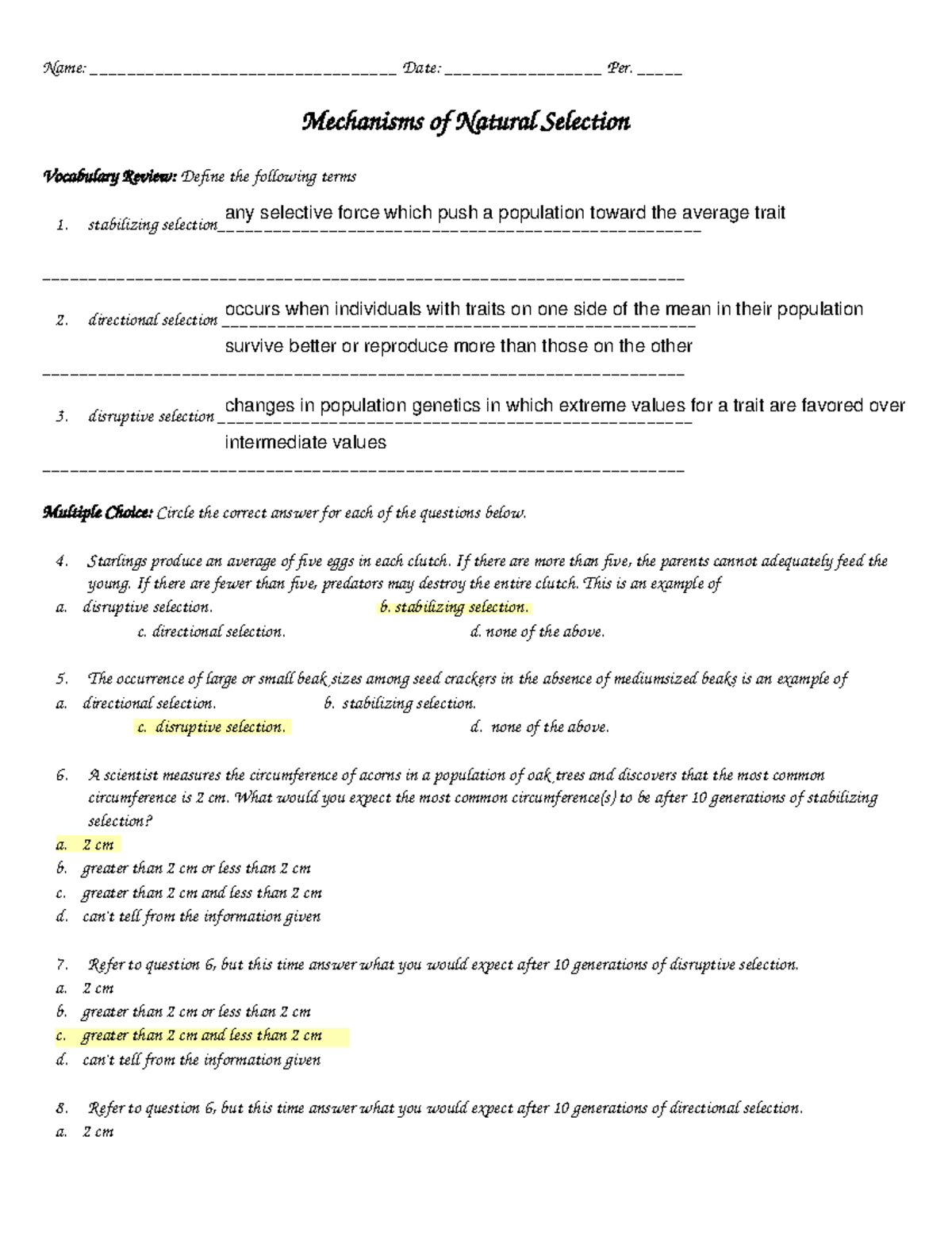 Types of Natural Selection Worksheet - Name ...