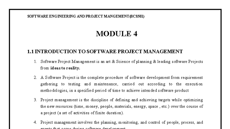 SOFTWARE ENGINEERING & PROJECT MANAGEMENT (BCS501) MODULE 4 OVERVIEW ...