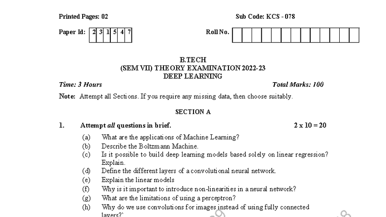 KCS078 - Deep Learning Theory Exam Notes (B.Tech Sem VII) - Studocu