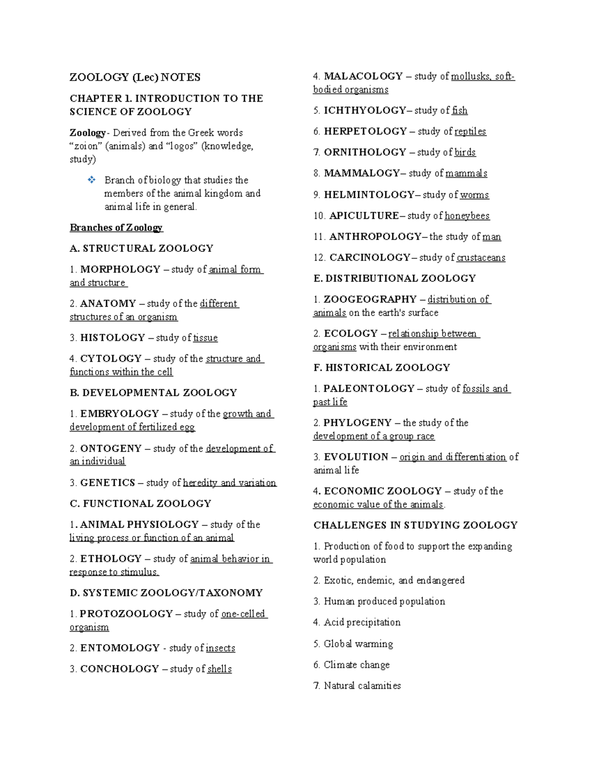 ZOOLOGY Lecture Notes - ZOOLOGY (Lec) NOTES CHAPTER 1. INTRODUCTION TO ...