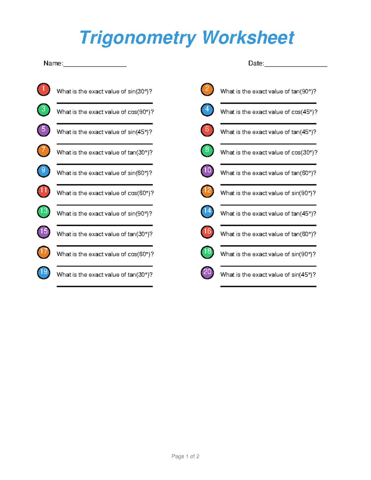 Trigonometry Worksheet 7: Exact Values from 2 to 20 - Studocu