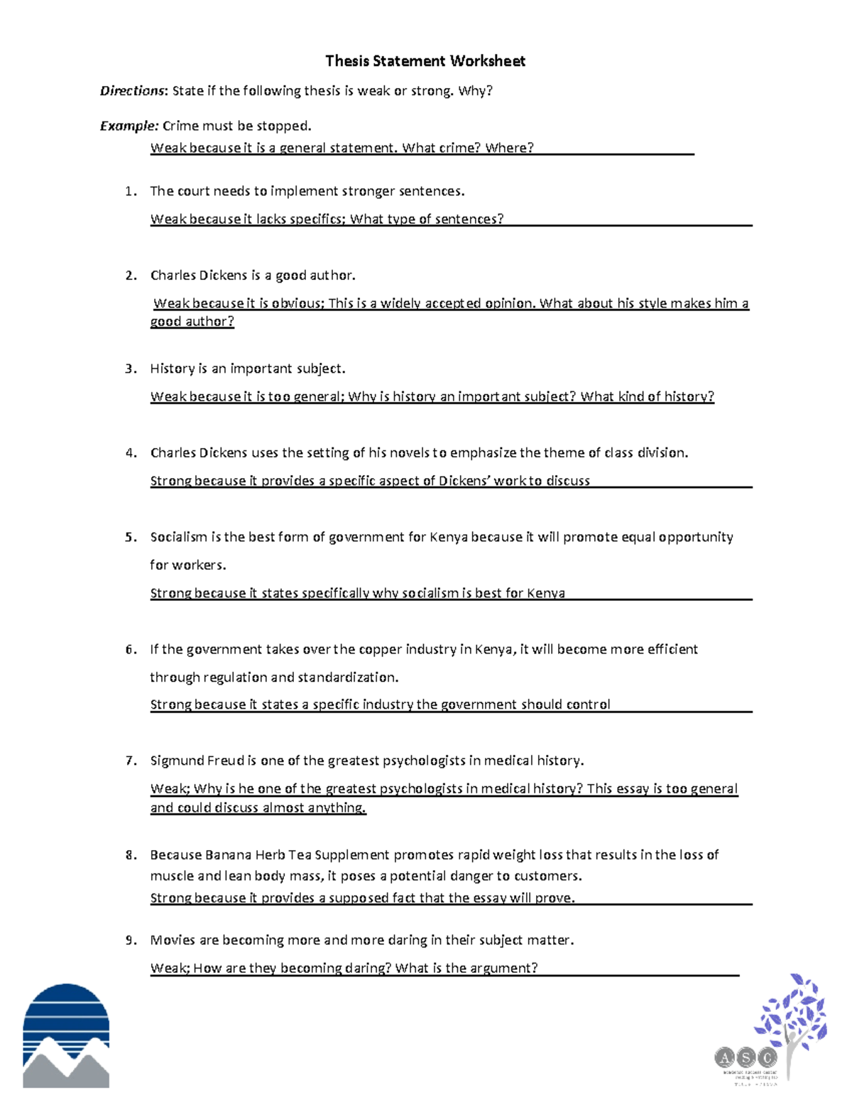 Thesis Statement Answer Key - Thesis Statement Worksheet Directions ...