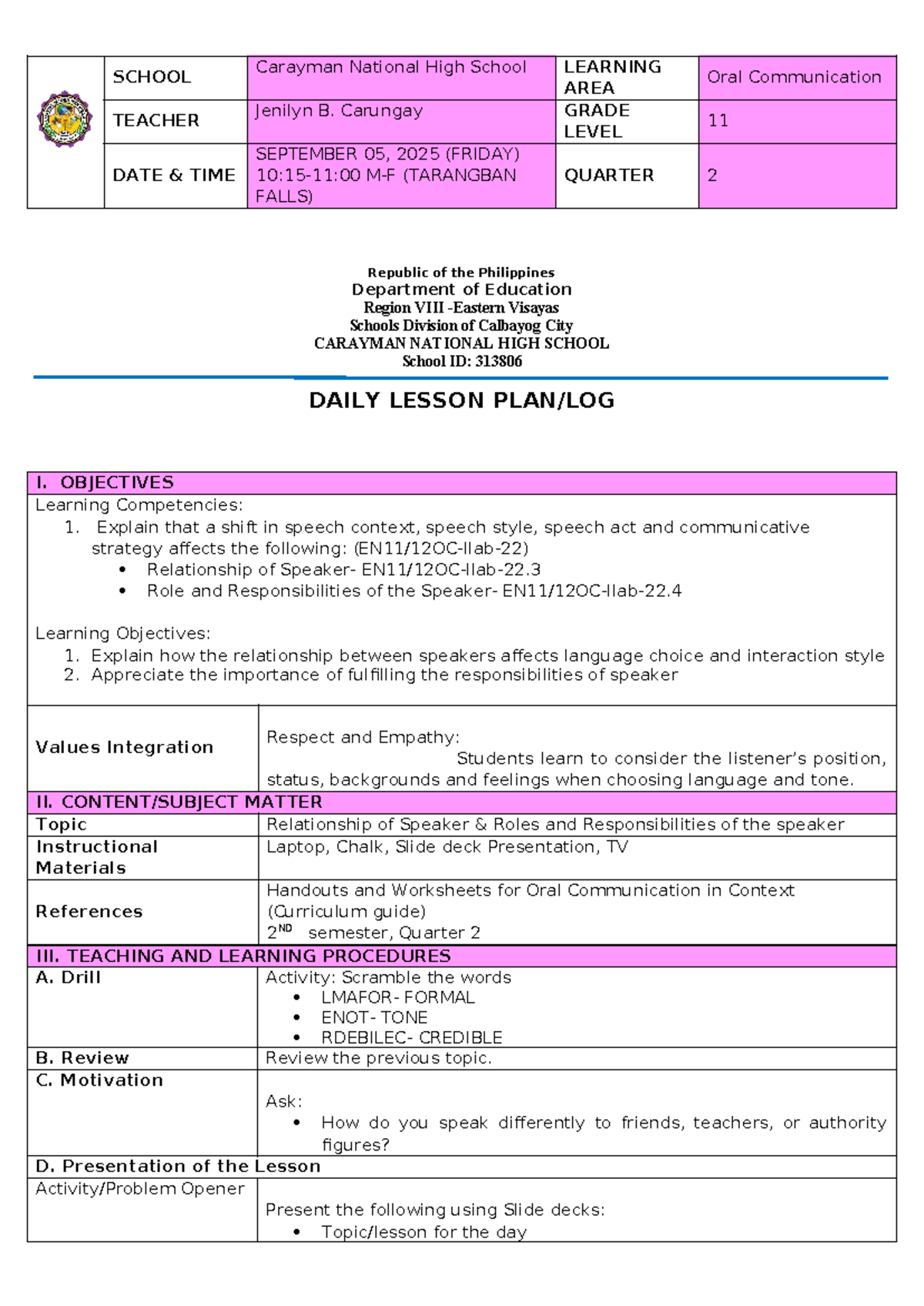 SCHOOL ID 313806: Oral Communication Lesson Plan - Sept 5, 2025 - Studocu