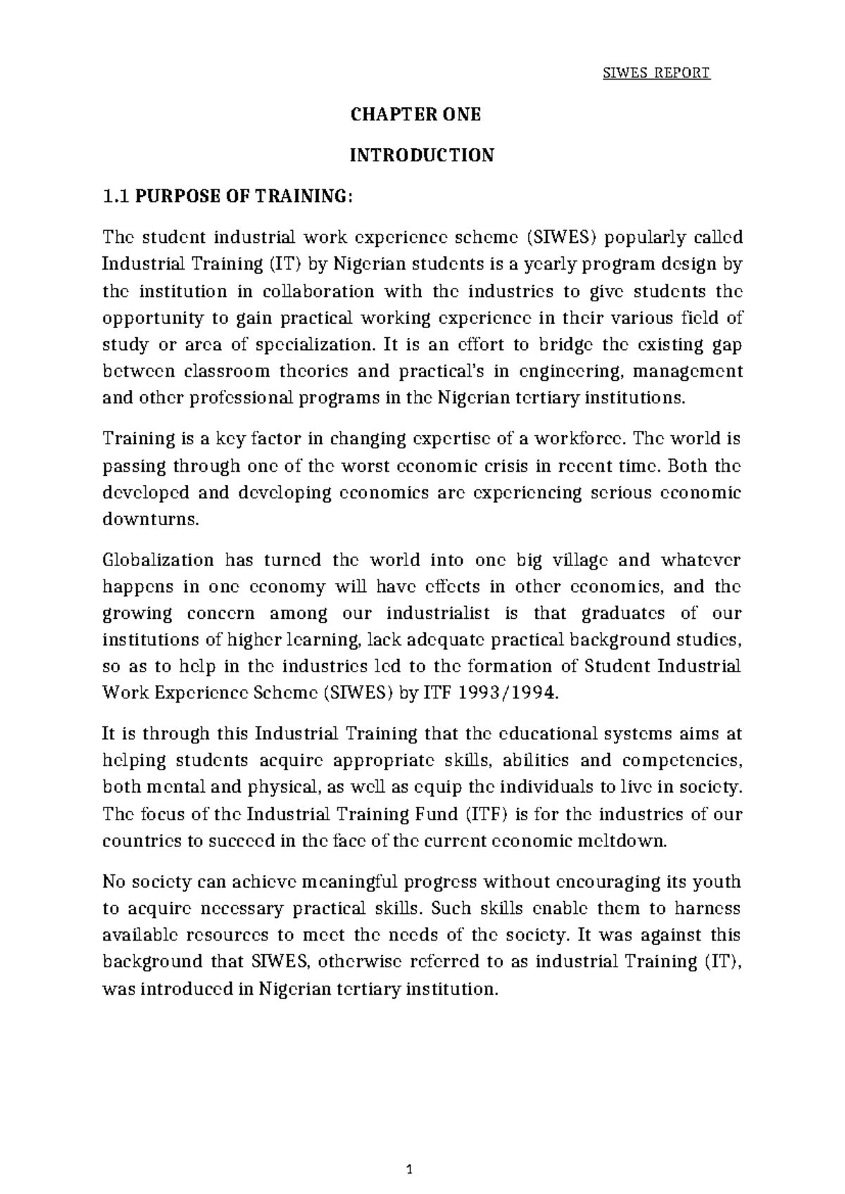 SIWES Report: Chapter One - Introduction to Industrial Training - Studocu