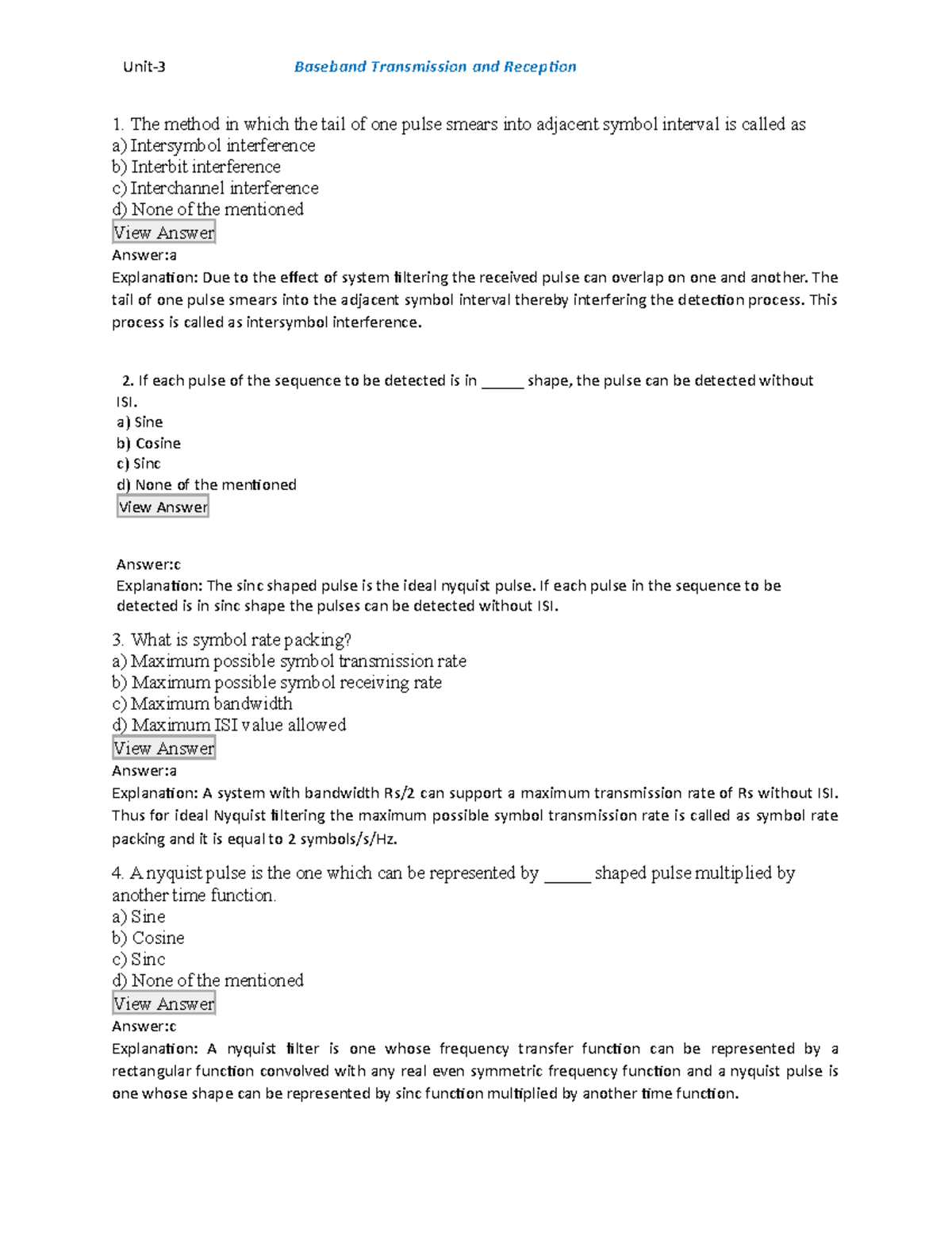 **EC8501 Digital Communication - Unit 3 MCQs & Key Concepts** - Studocu