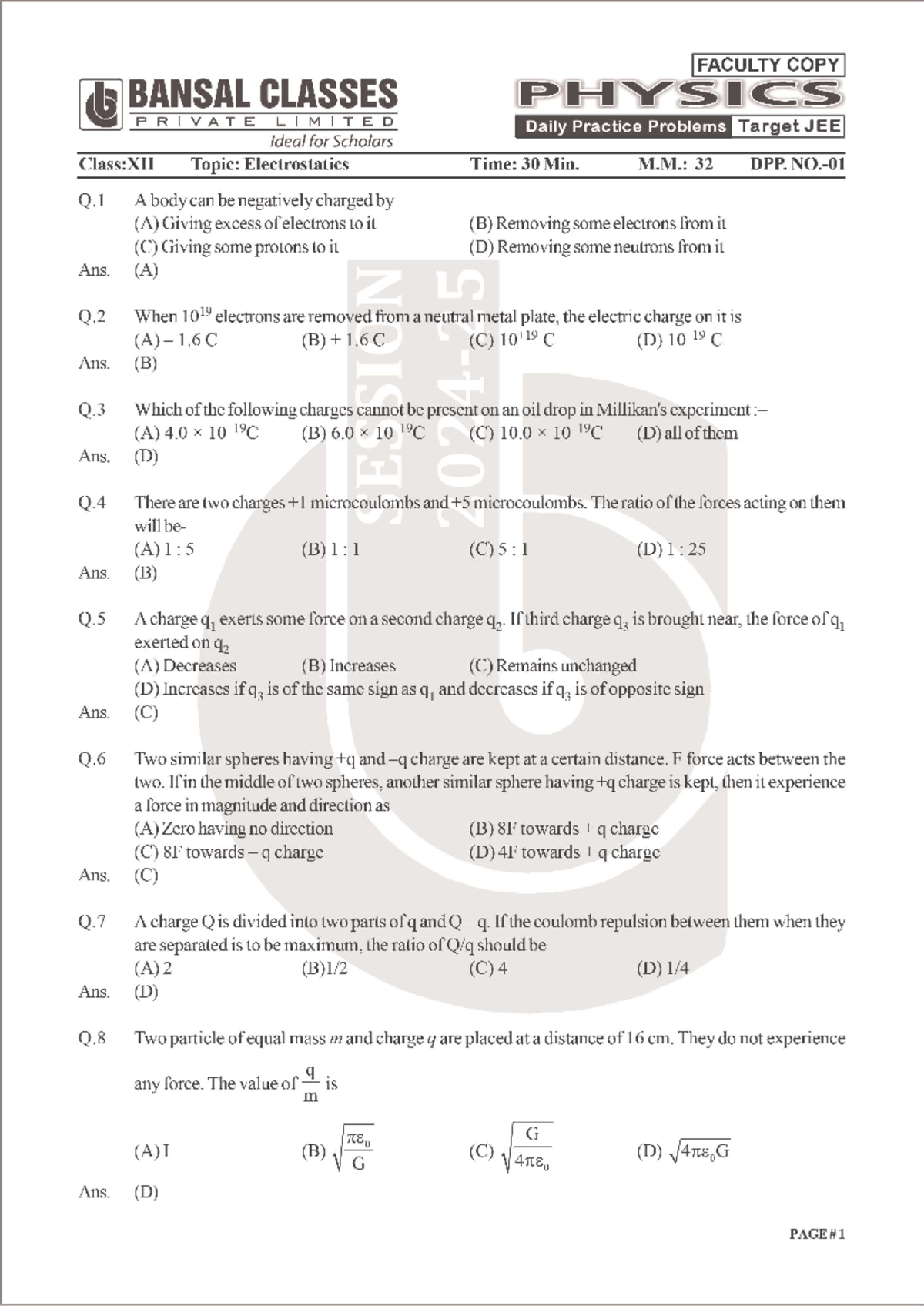 12th JEE PHY DPP-01: Electrostatics Daily Practice Problems - Studocu