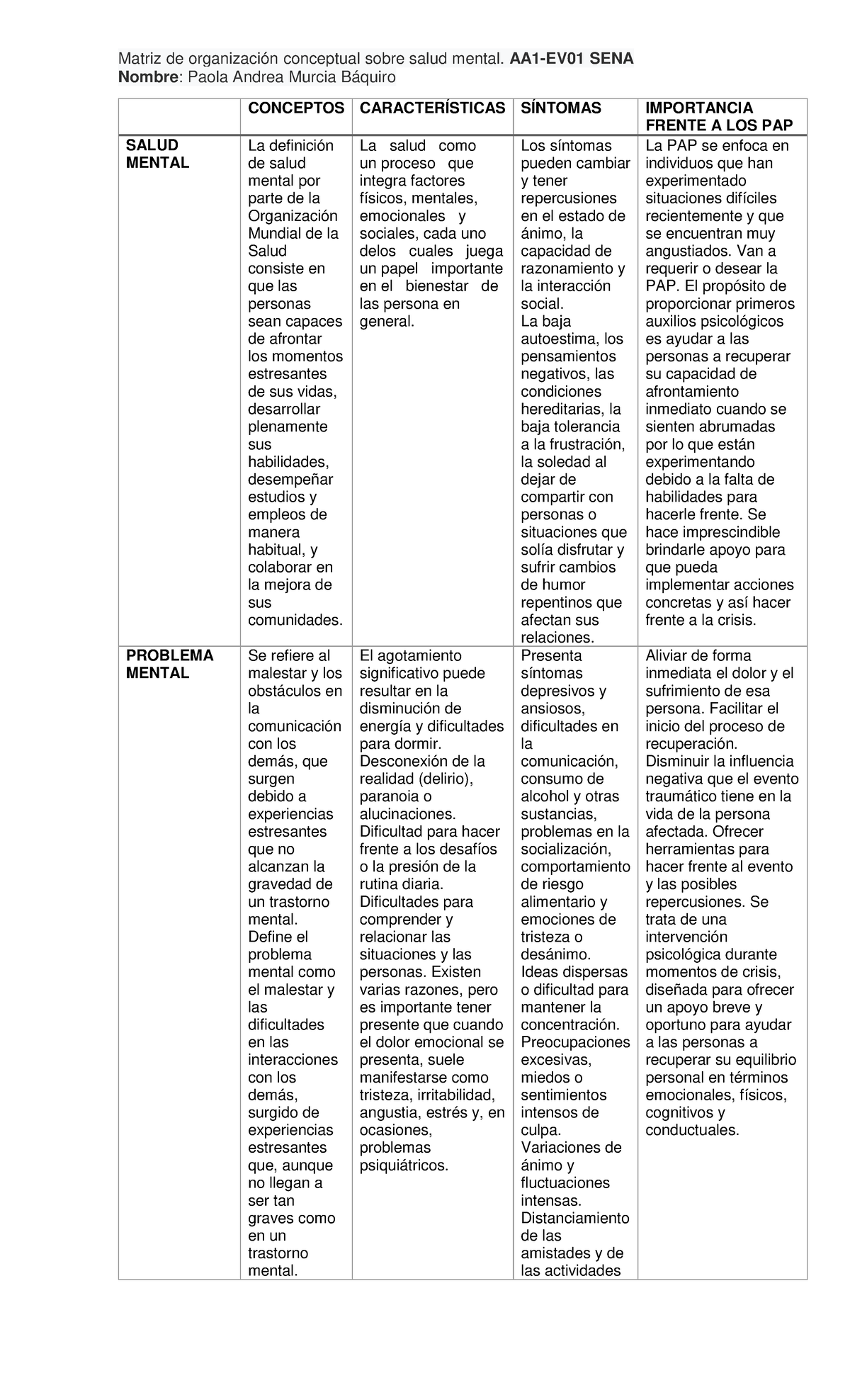 Matriz de organización conceptual sobre salud mental. AA1-EV01 - AA1 ...