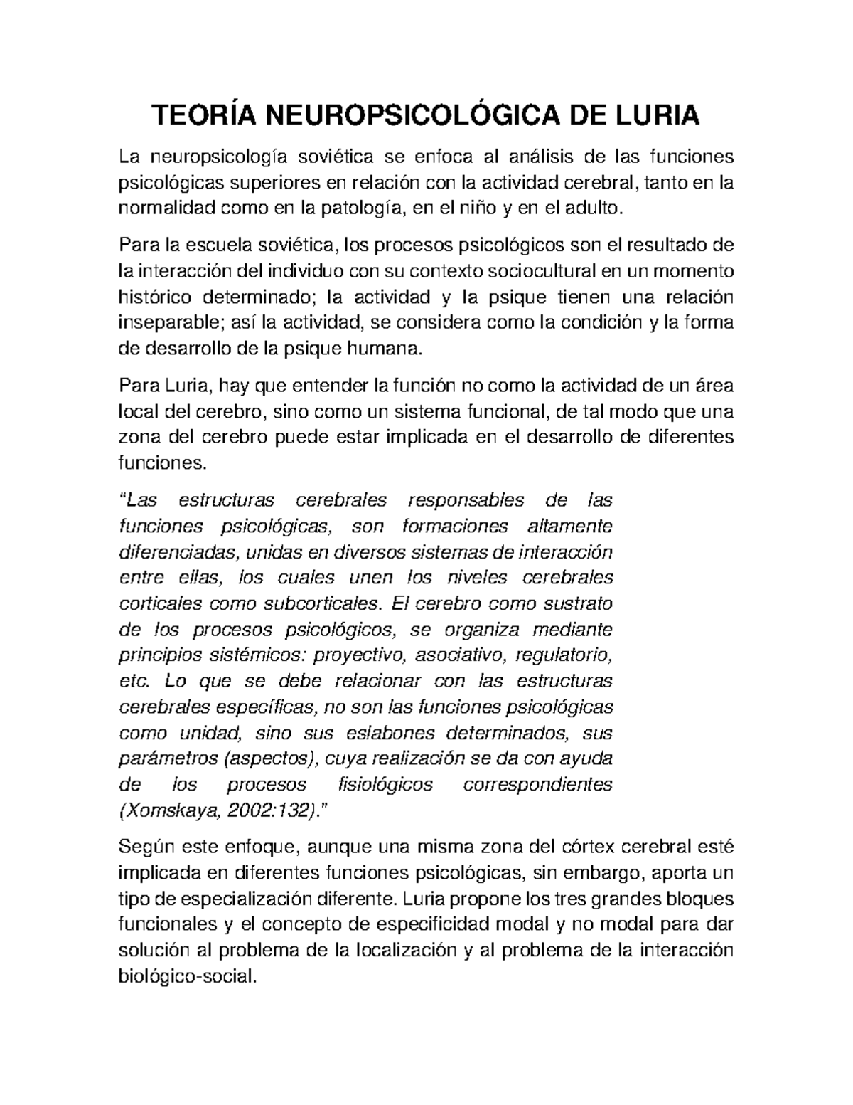 Teoría Neuropsicológica de Luria: Análisis Funcional y Bloques - Studocu