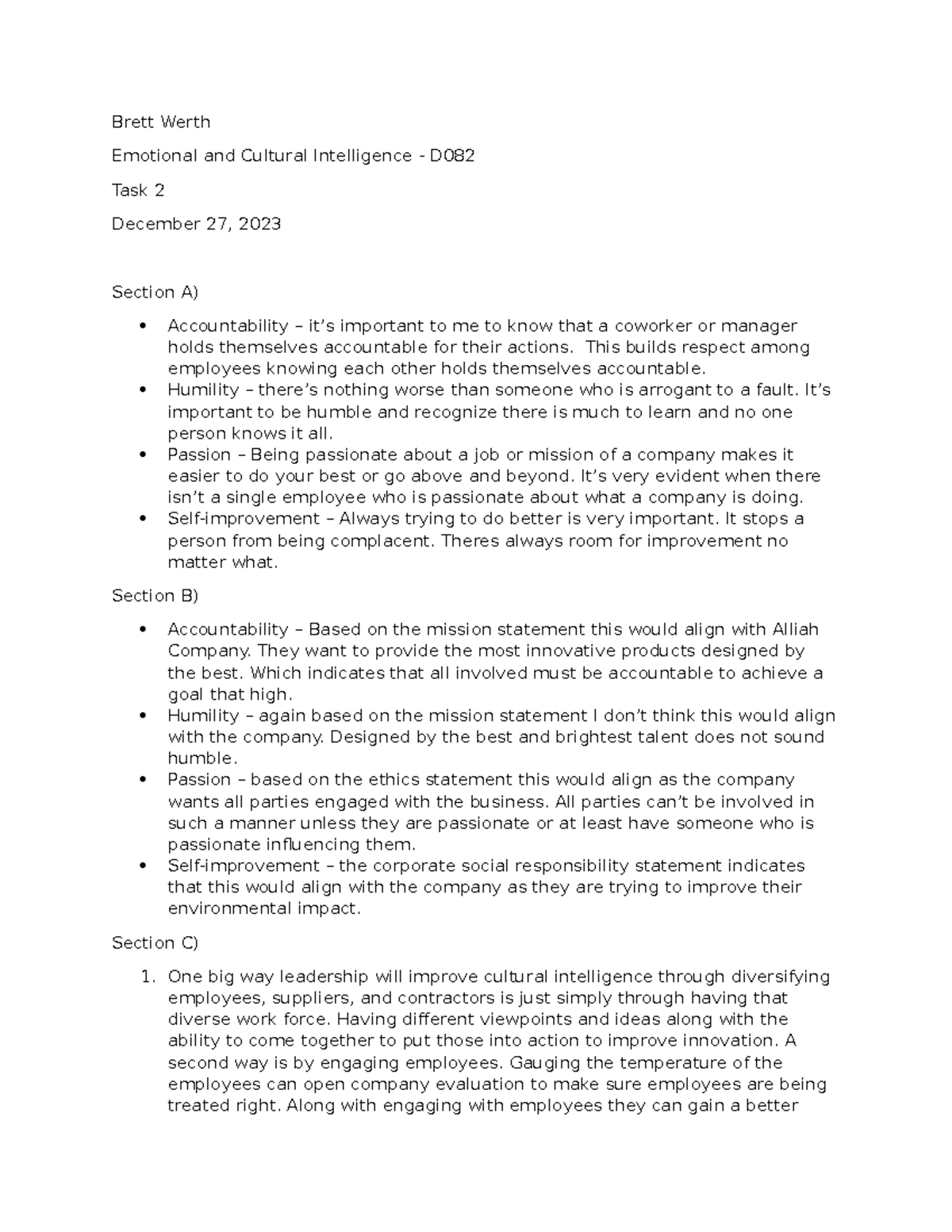 Emotional & Cultural Intelligence Task 2 - Performance Assessment D ...