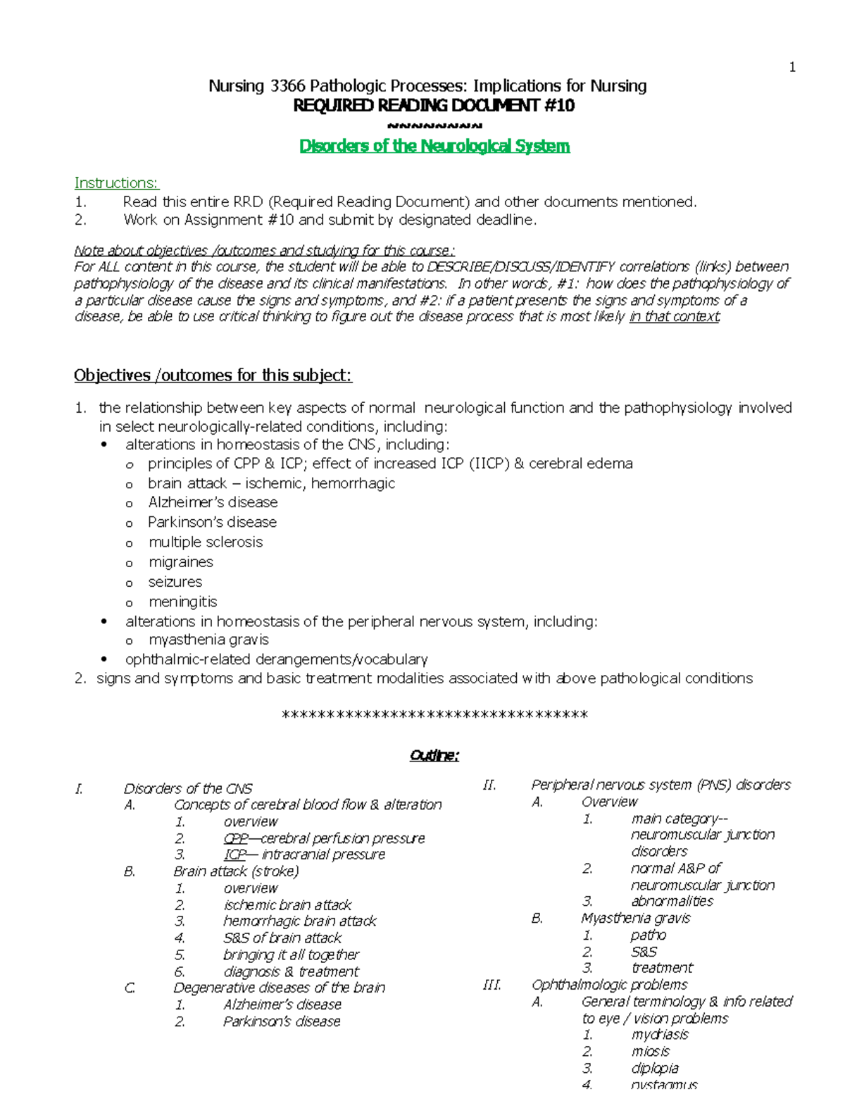 RRD #10 Neurological Disorders Fa 16 - Nursing 3366 Pathologic ...