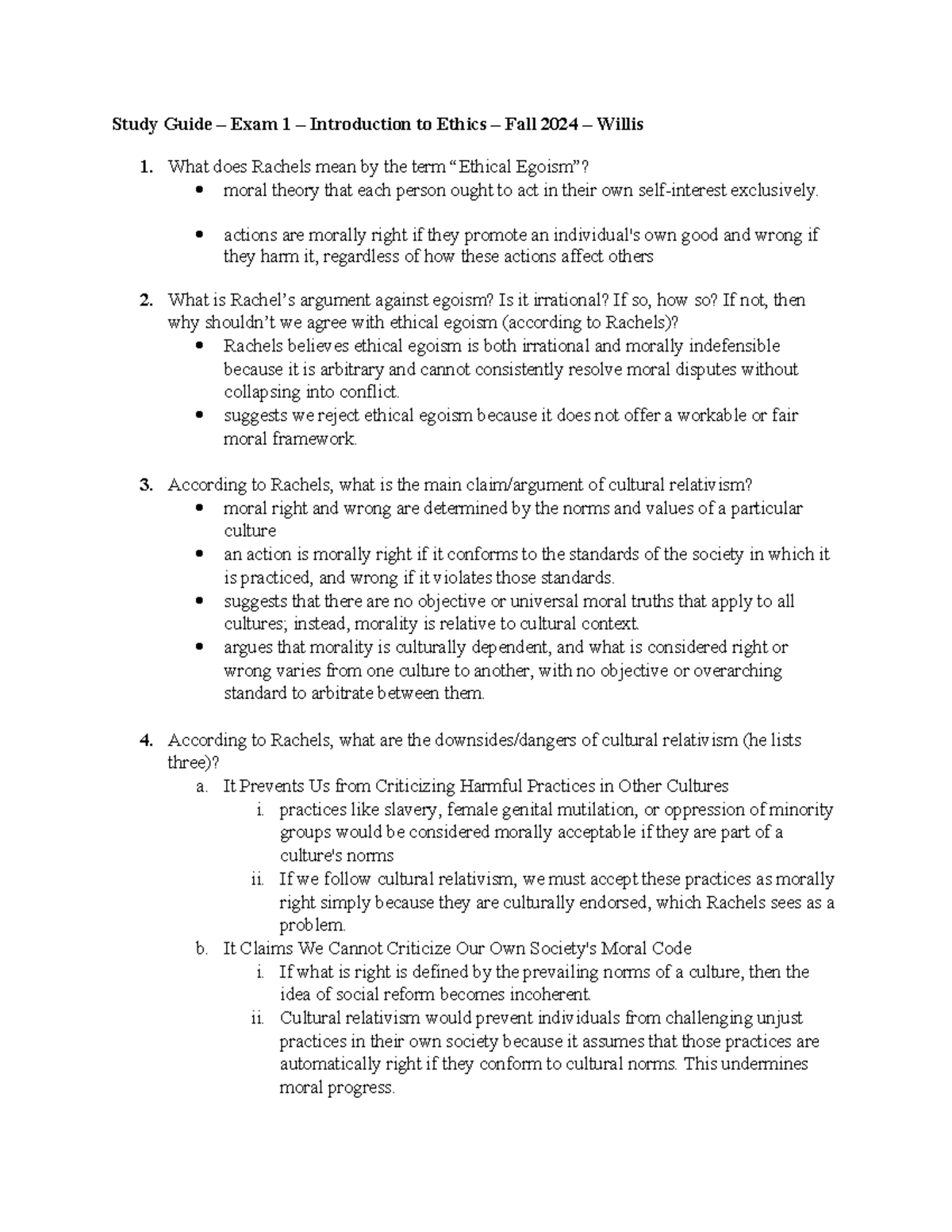 Study Guide for Exam 1: Introduction to Ethics (Fall 2024) - Studocu
