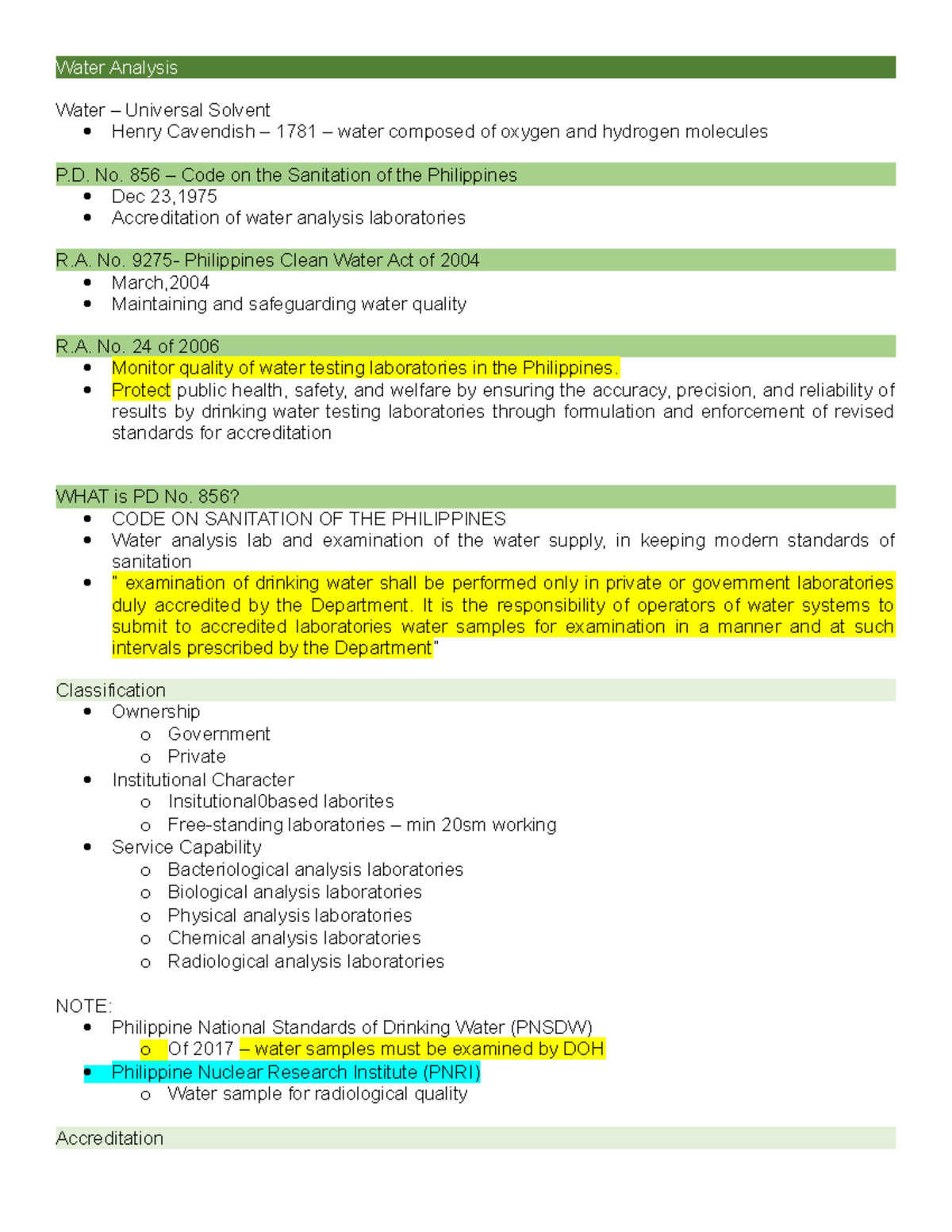 Water Analysis Overview - MTLB Class Notes - Studocu