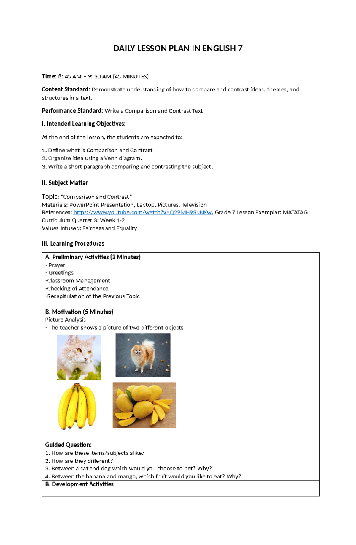 Daily Lesson Plan: Comparison and Contrast in English 7 - Studocu