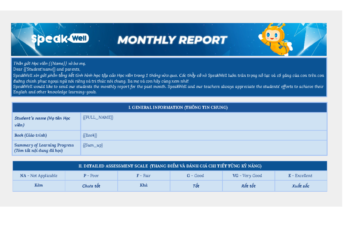 Monthly Report - Template - Thân gửi Học viên {{Name}} và ba mẹ, Dear ...