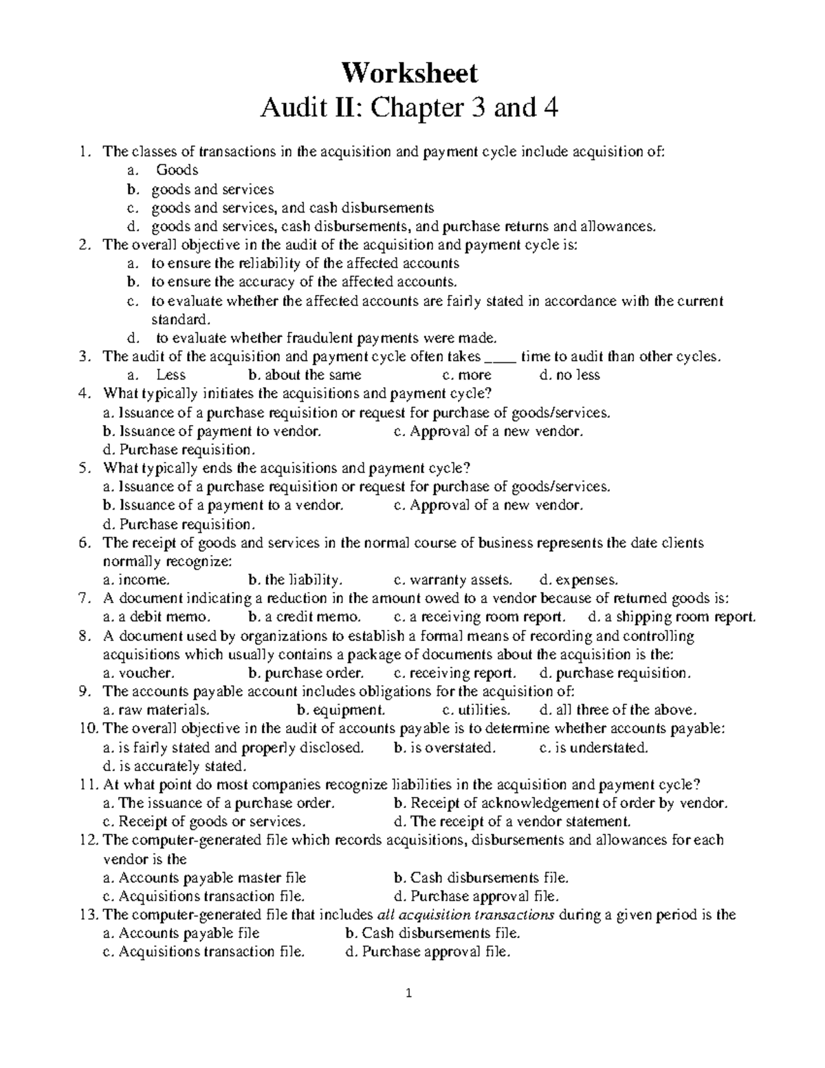 Audit II: Worksheet 3 & 4 - Chapter 3 and 4 Practice Questions - Studocu