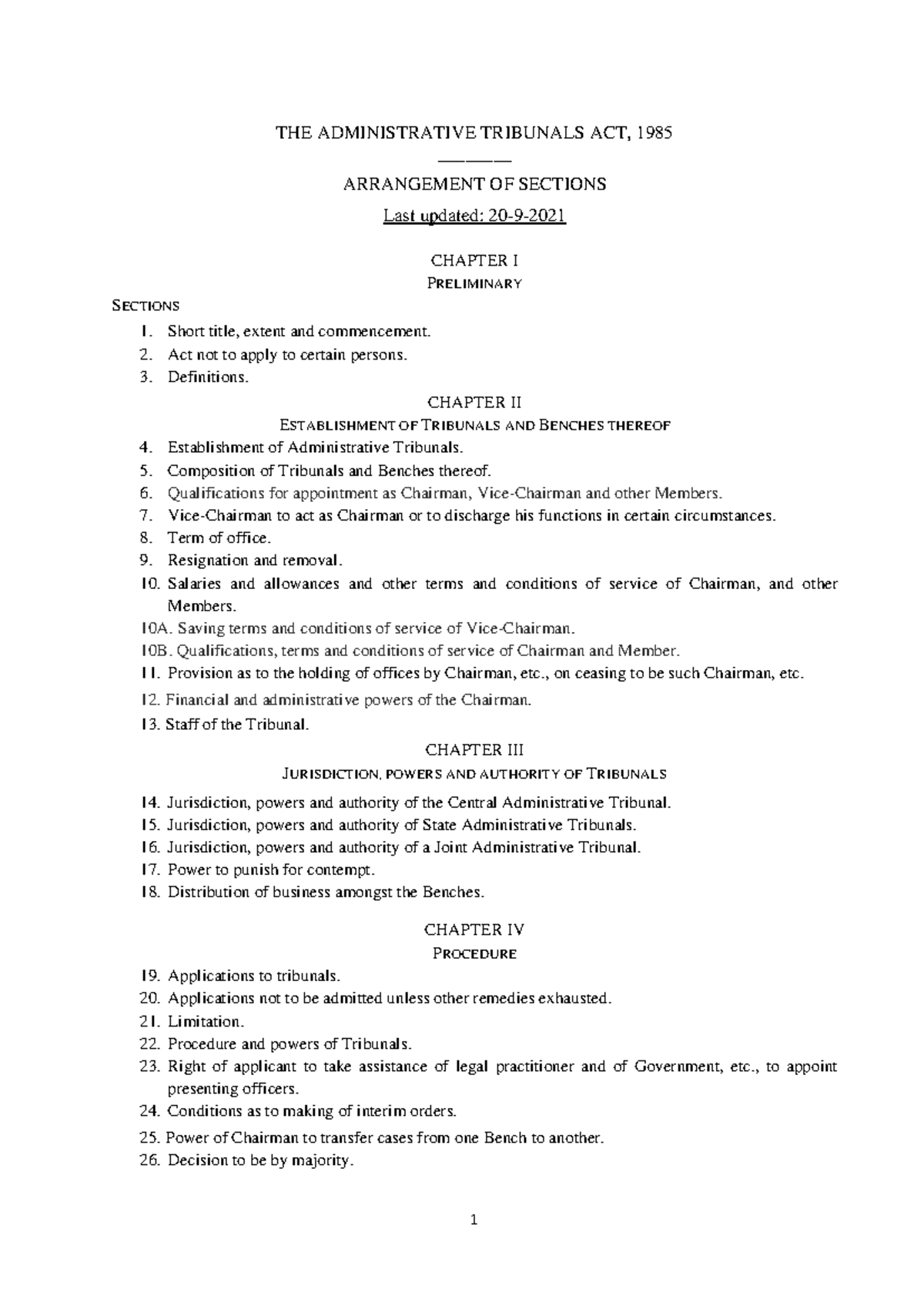 Administrative Tribunal Act, 1985: Arrangement of Sections Overview ...