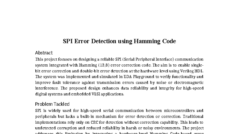 VLSI Project Report: SPI Error Detection with Hamming Code - Studocu