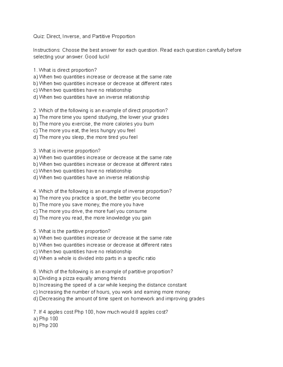 Quiz: Direct, Inverse, and Partitive Proportion (Course Code Included ...