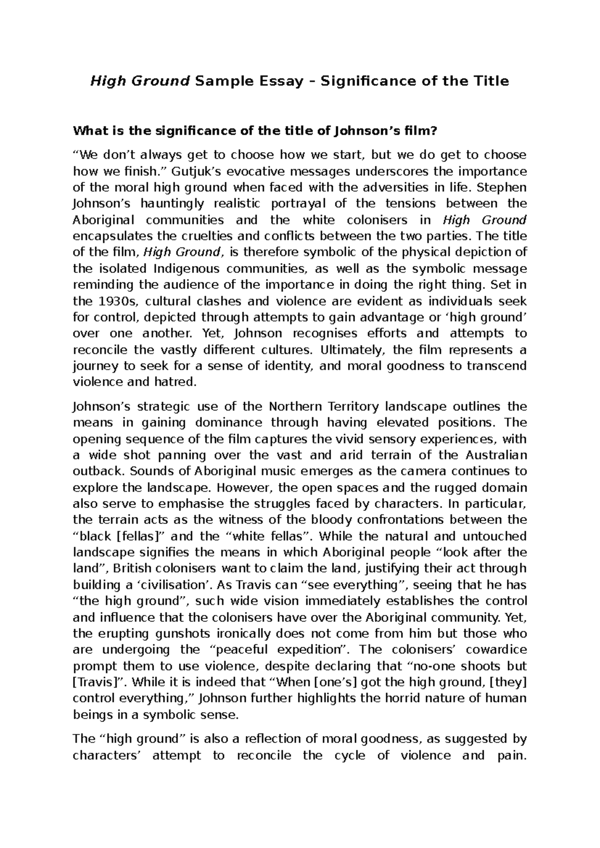 HG Essay Notes - Significance of the Title in "High Ground" - Studocu