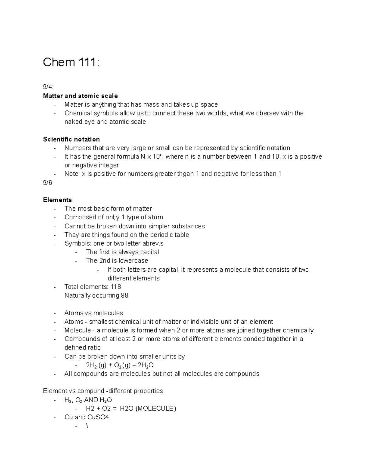 Chemistry 111: Matter, Atoms, and Scientific Notation Notes - Studocu