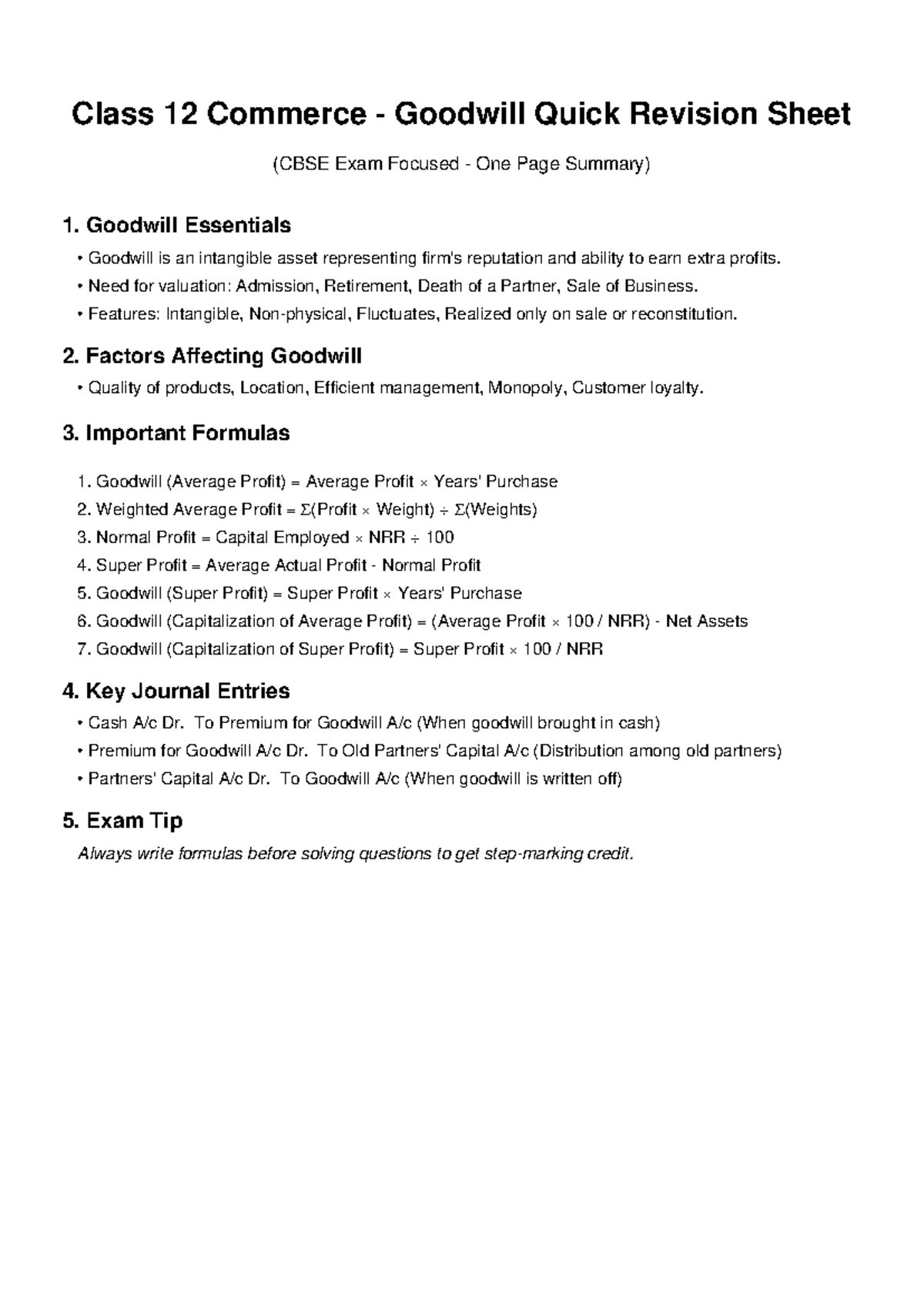 Class 12 Commerce Goodwill Quick Revision Sheet (CBSE Exam Focused ...