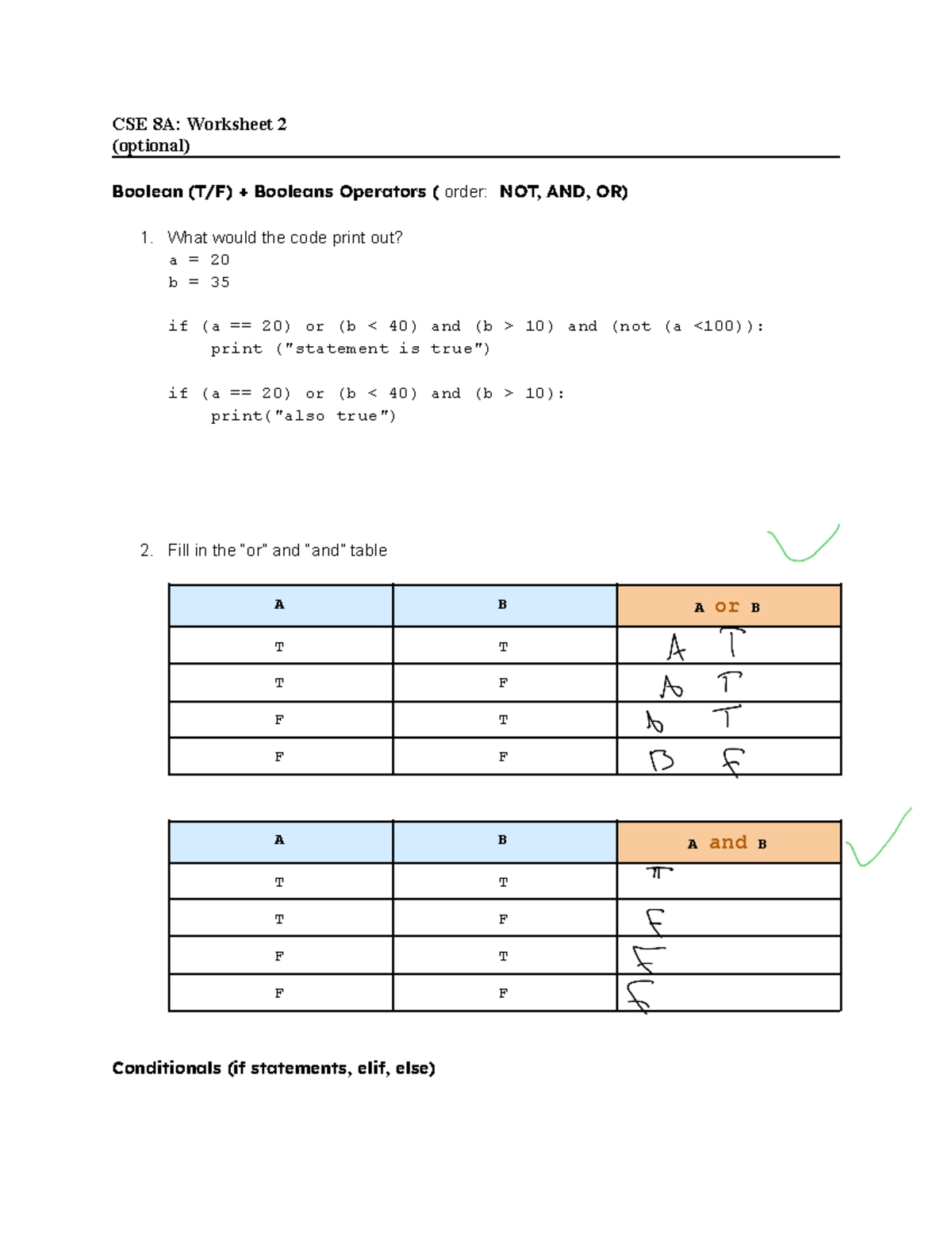 CSE 8A: Worksheet 2 on Boolean Expressions & Control Structures - Studocu