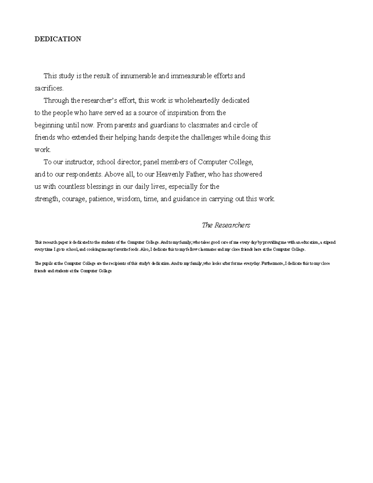 Dedication Example for Research - Computer College - Studocu