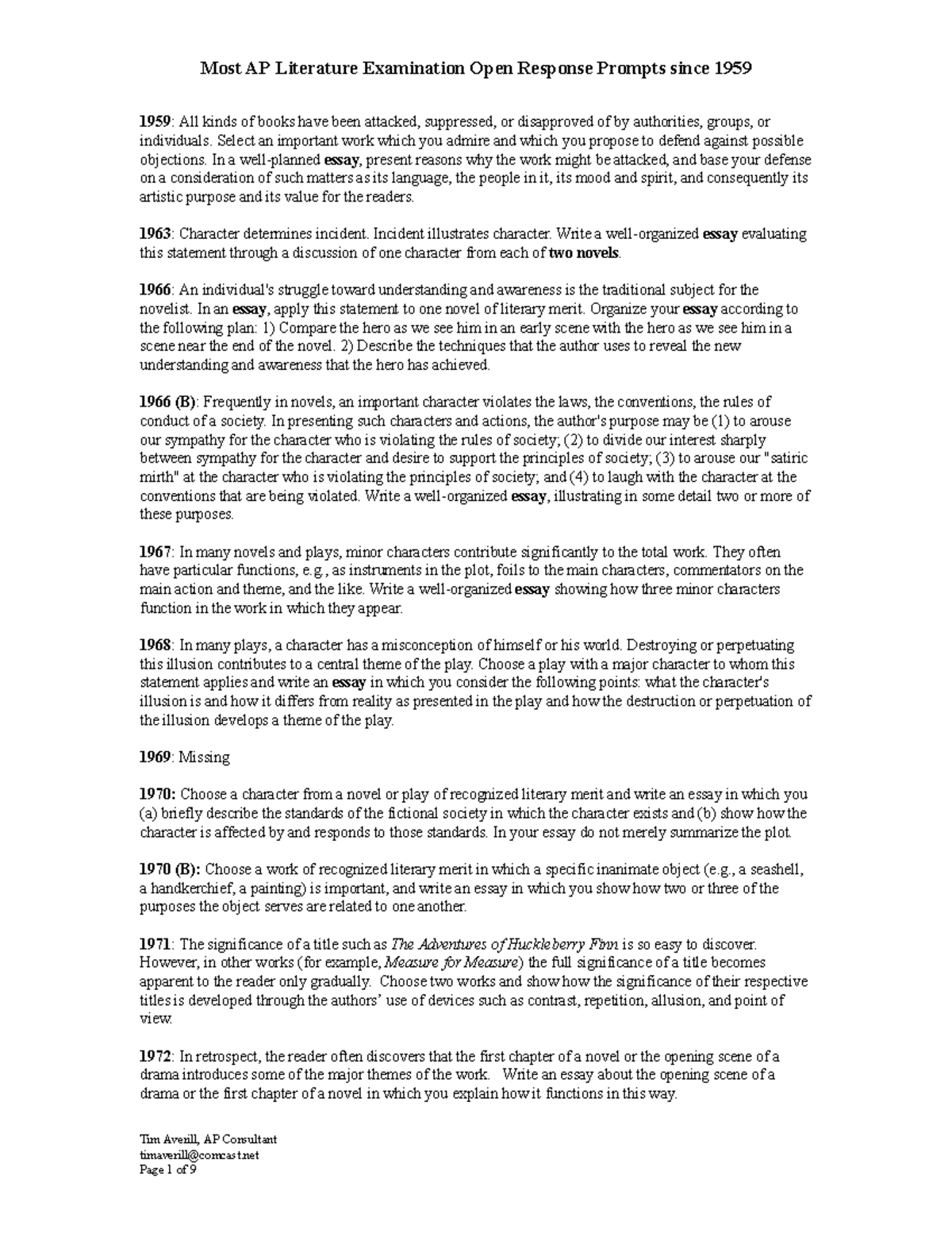 AP Literature Exam Open Response Prompts (1959-2024) - Comprehensive ...