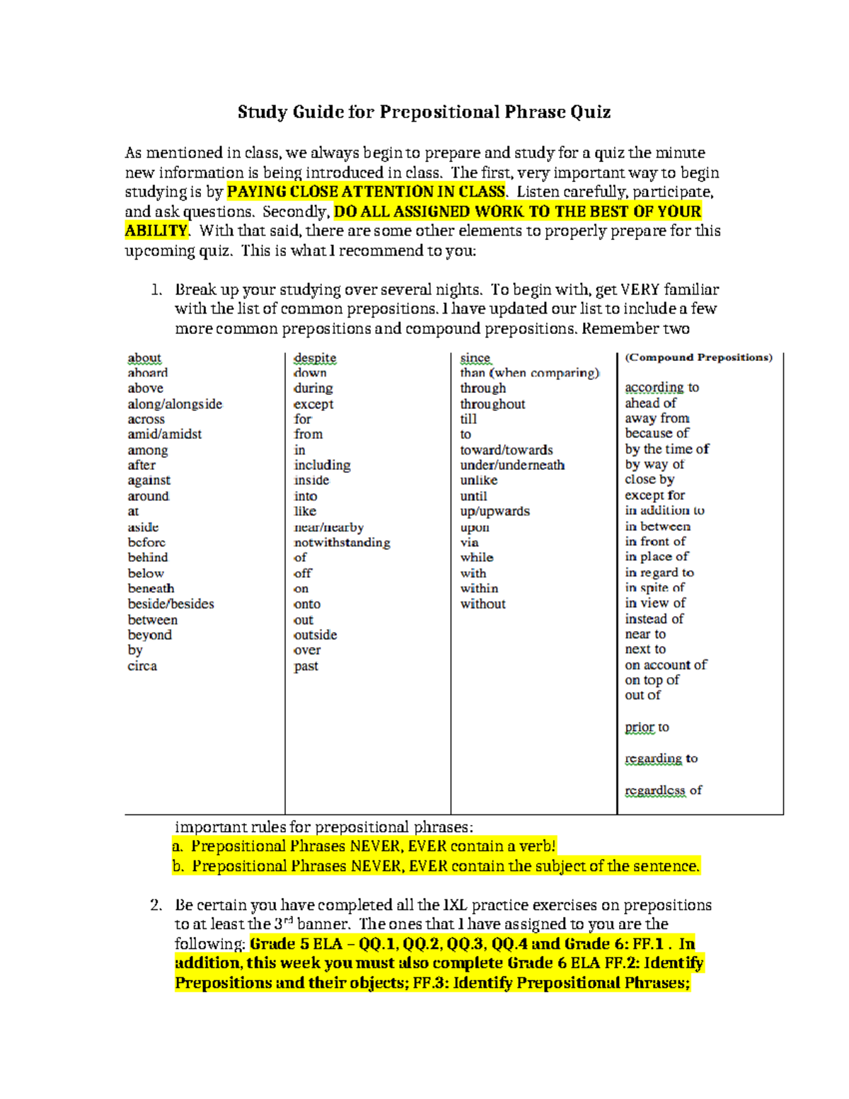 Study Guide: Prepositional Phrase Quiz (20-21) - Studocu