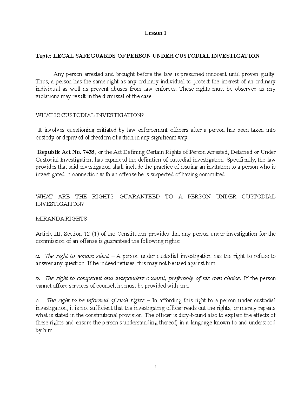 Legal Safeguards & Procedures in Custodial Investigation (CDI2) - Studocu