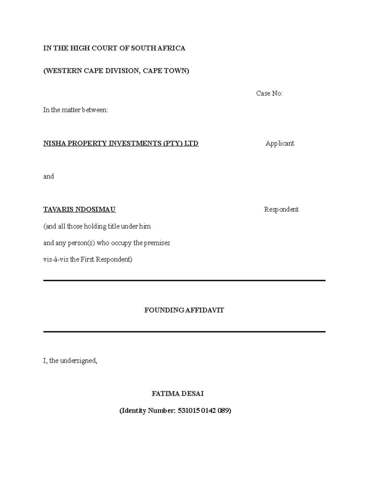 Founding Affidavit in Nisha Property Investments Case No: [2023] - Studocu