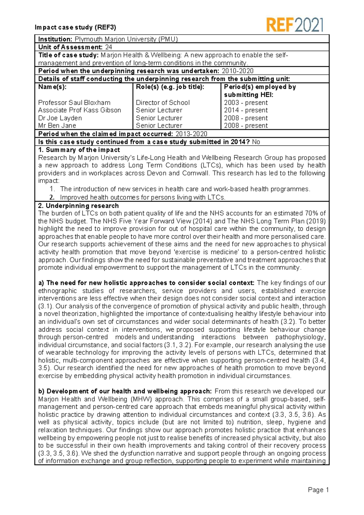 Impact Case Study (REF3): Marjon Health & Wellbeing Approach to LTCs - Studocu