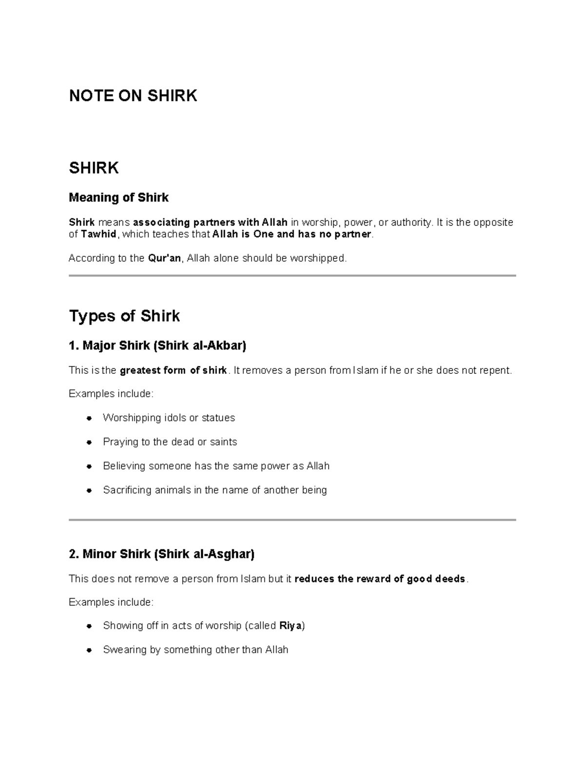 NOTE ON SHIRK: Understanding Major and Minor Shirk - JSS 3 - Studocu
