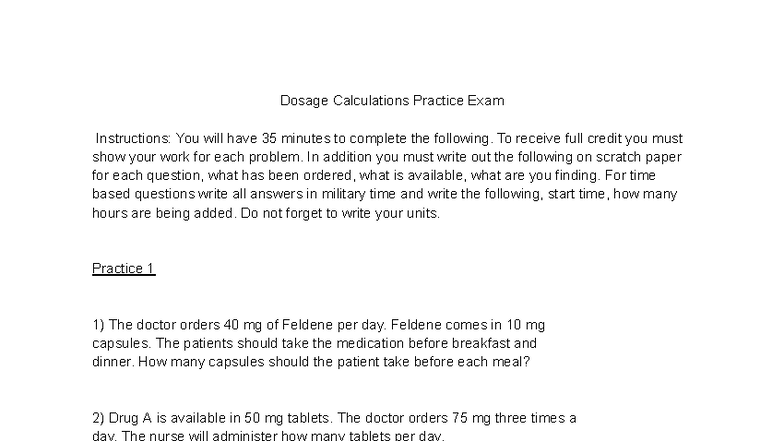 Dosage Calculations Practice Exam (NURS 101) - Studocu