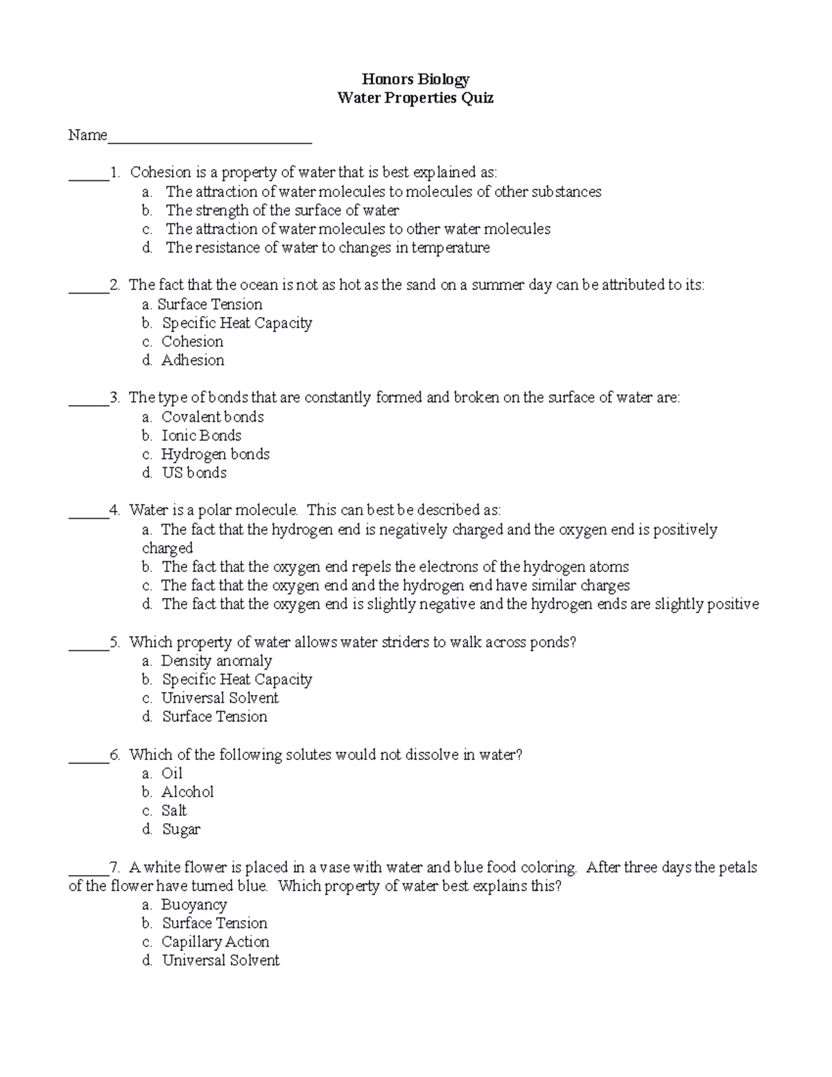 Honors Biology Water Properties Quiz: Key Concepts and Questions - Studocu