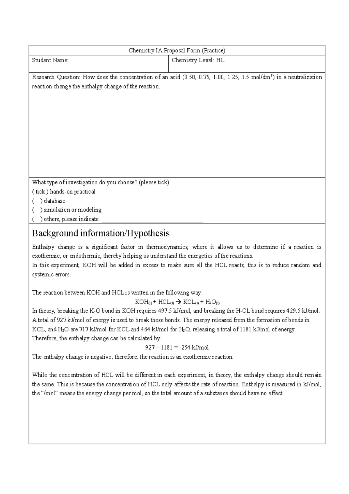 Chemistry IA Proposal: Enthalpy Change in Acid Neutralization (HL ...