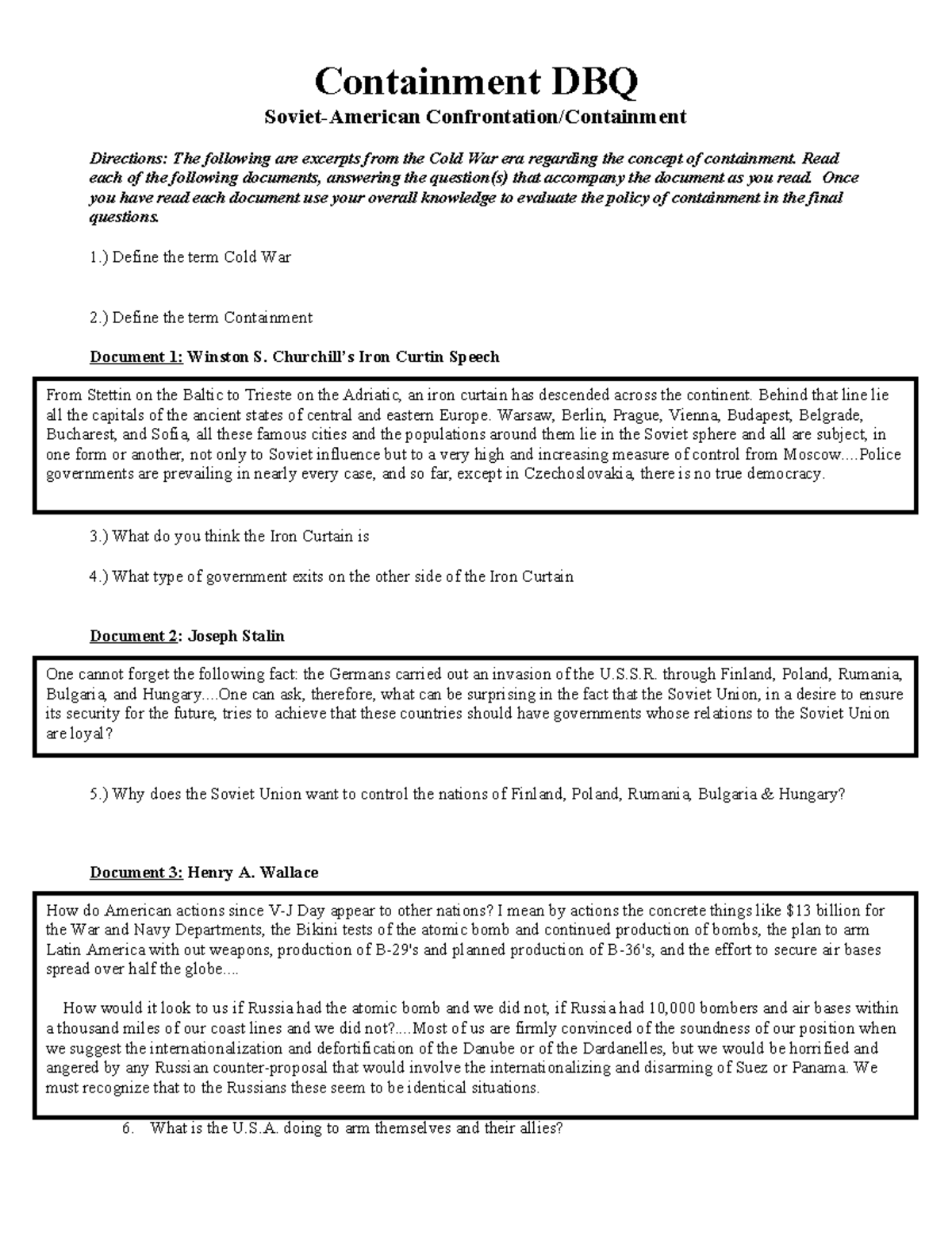 Origins of the Cold War DBQ: Analyzing Containment Policy and Its ...