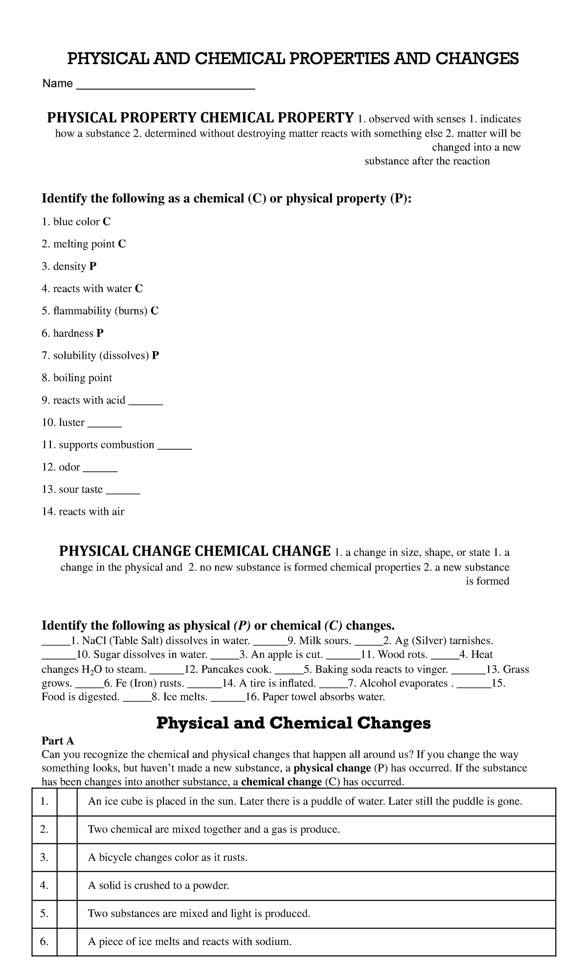 PHYSICAL AND CHEMICAL CHANGES WORKSHEET (SCI 101) - Studocu