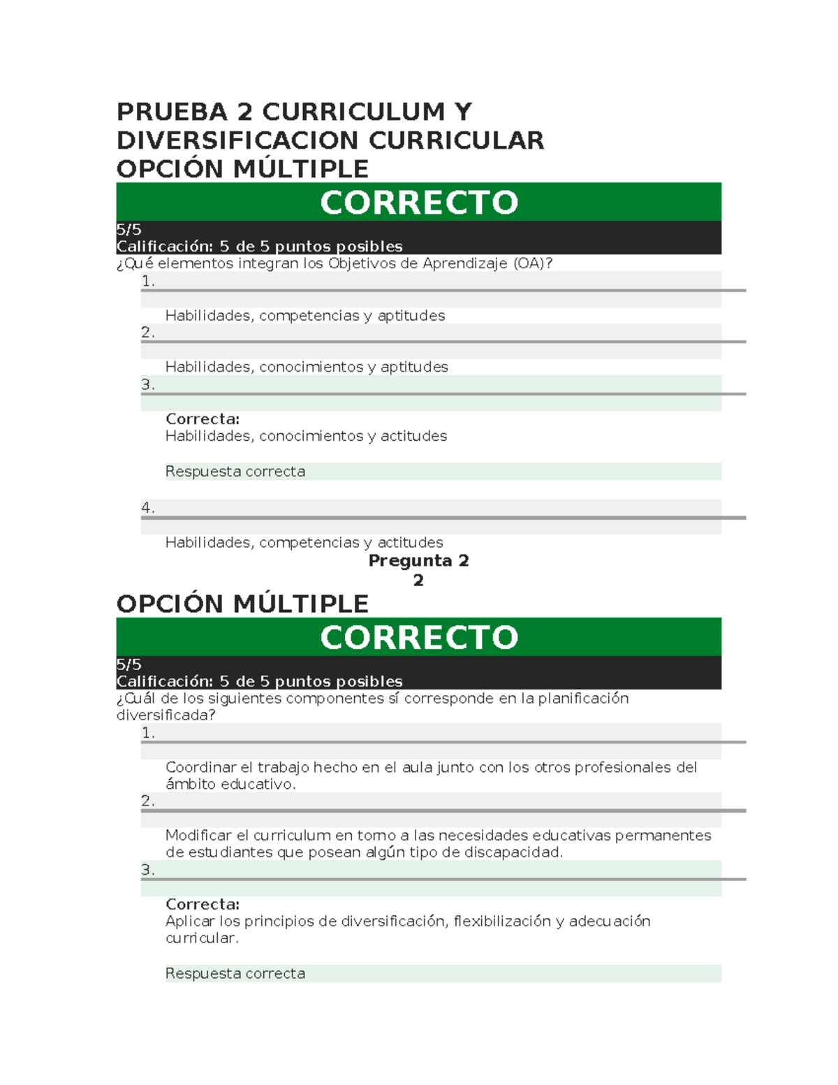 Prueba 2: Curriculum y Diversificación Curricular - Opción Múltiple ...