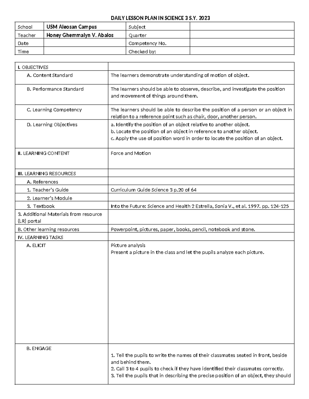 SCI 3 Daily Lesson Plan: Force and Motion Understanding Activities ...