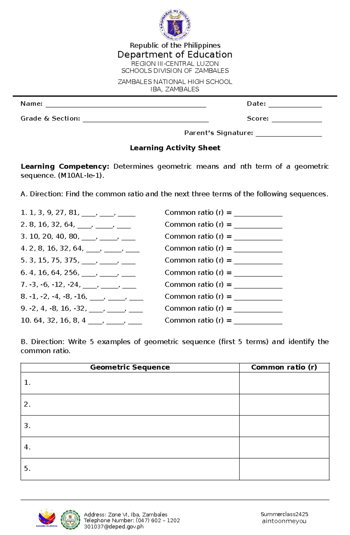 Learning Activity Sheet: Geometric Means & nth Term (Math 101) - Studocu