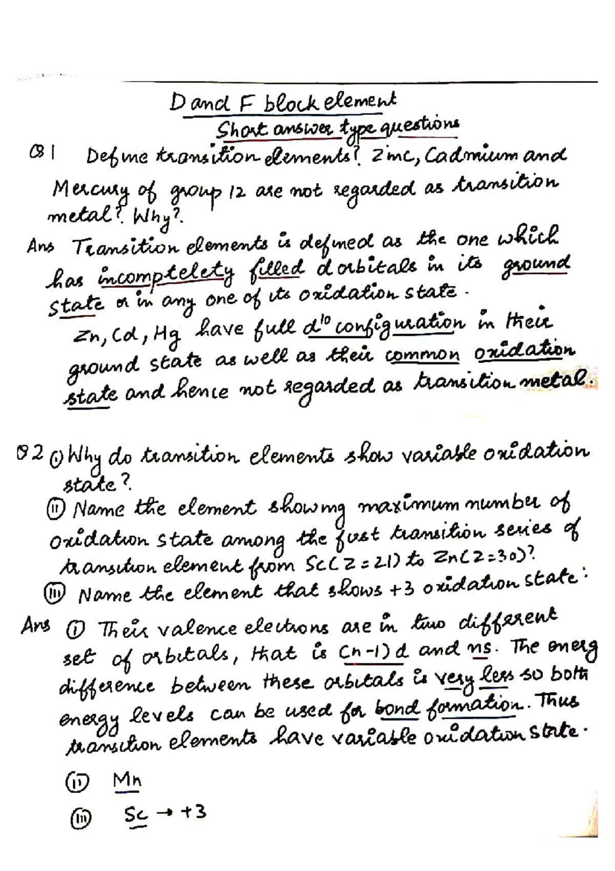 D and F Block Elements: Important Questions and Answers 081 - Studocu