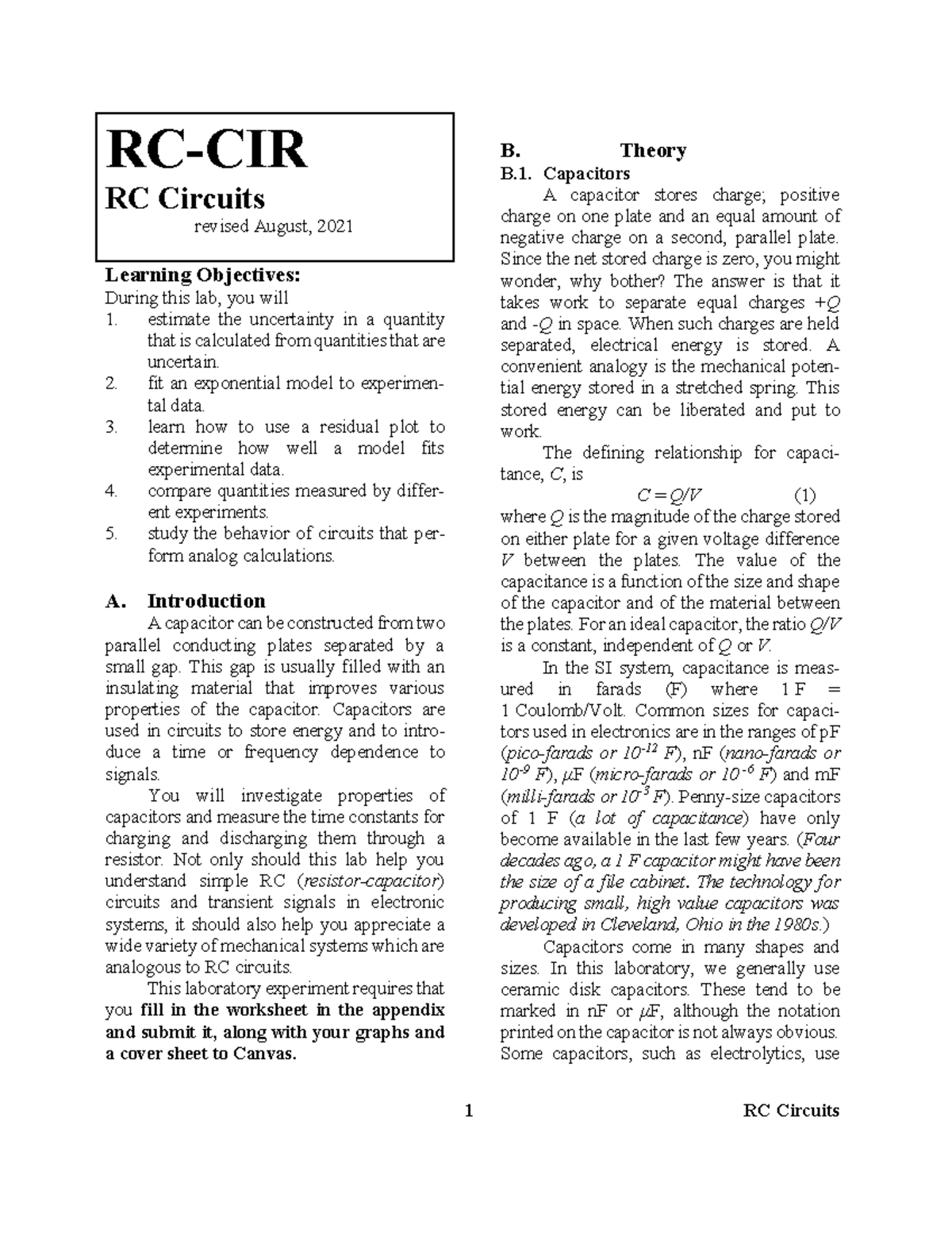 Physics 122 Lab on RC Circuits - RC-CIR RC Circuits revised August ...