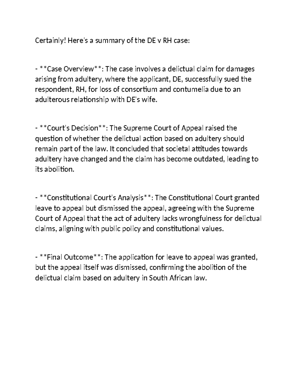 DE v RH Case Summary: Delictual Claims & Adultery - IURI 173 - Studocu