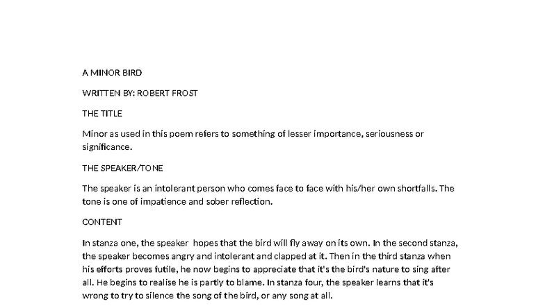 A MINOR BIRD - Lecture Notes on Robert Frost's Poem Analysis - Studocu