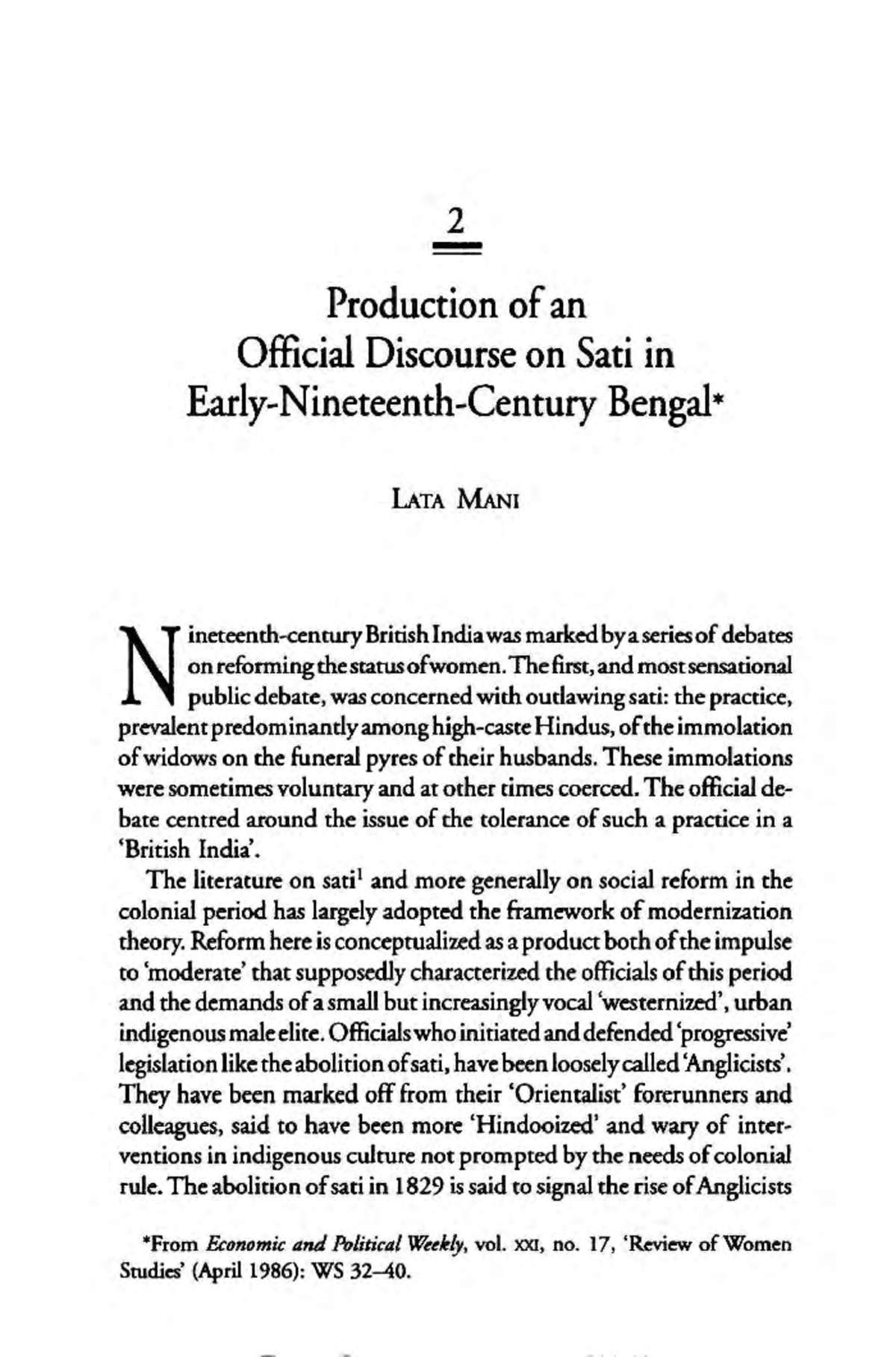 LATA MANI: Official Discourse on Sati and Women's Status in Colonial ...
