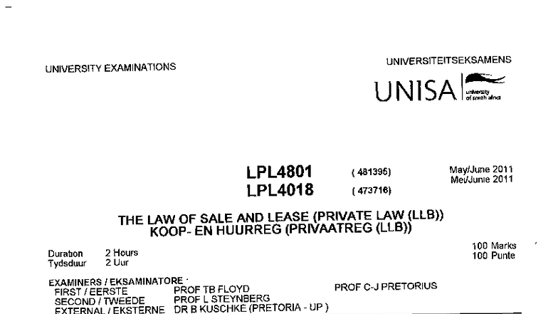 Exam - LPL4801 - Law of Sale and Lease - May/June 2011 - Studocu