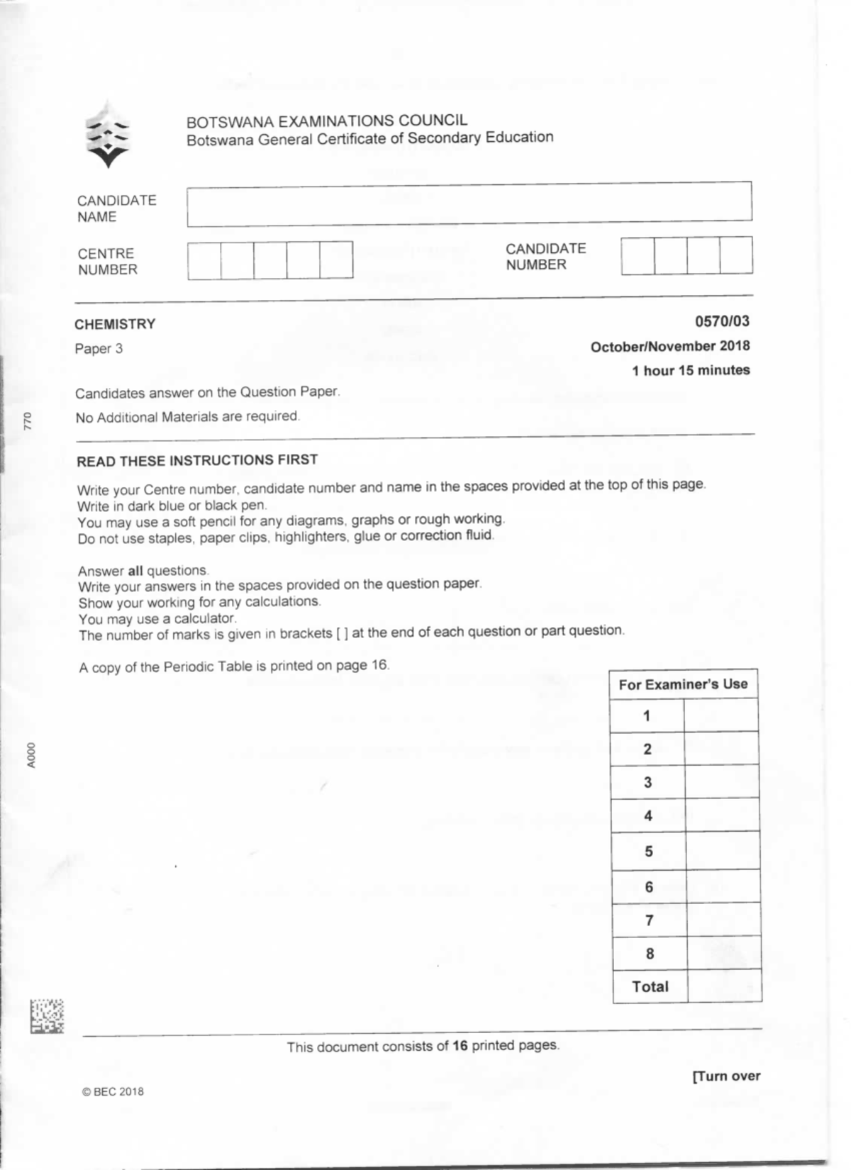 BEC 2018 Chemistry Paper 3 Exam Questions and Instructions - Studocu